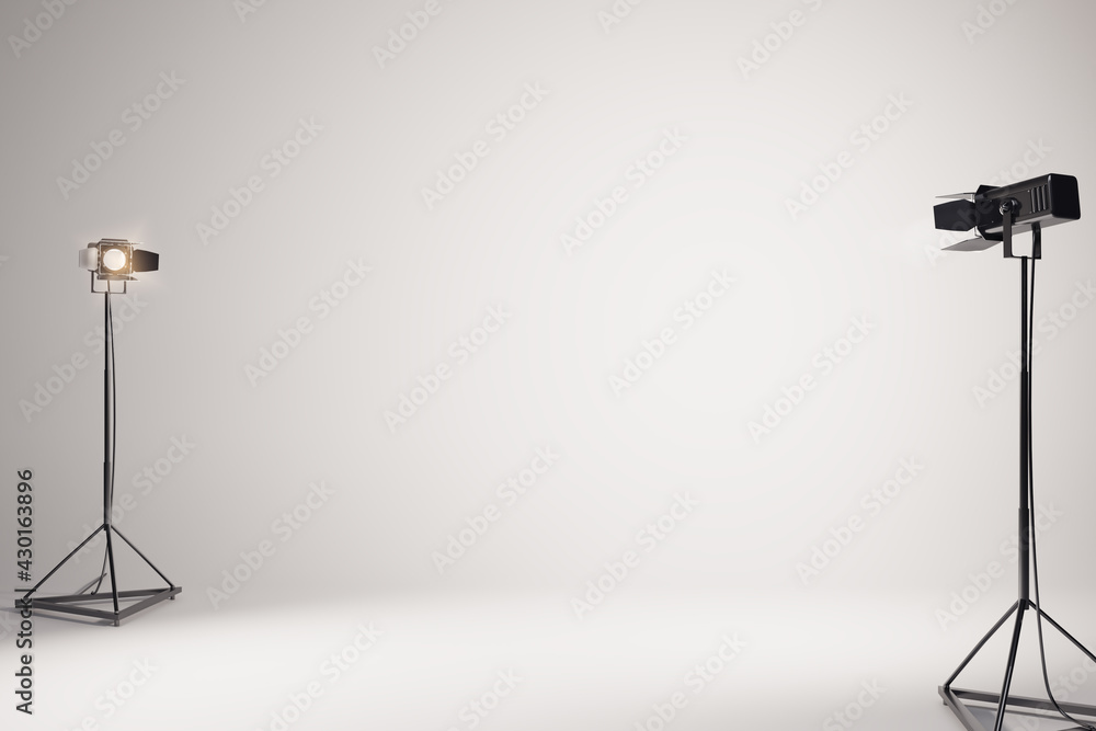 Studio shooting with blank white background and spotlights on floor. 3D ...