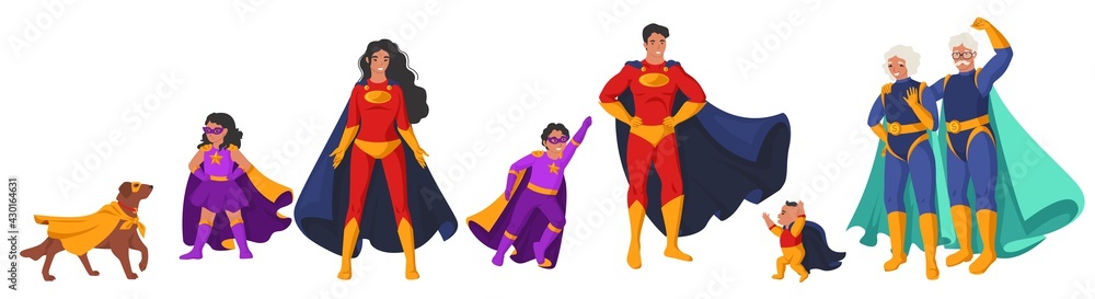 Family of superheroes, cartoon character set, flat vector illustration ...
