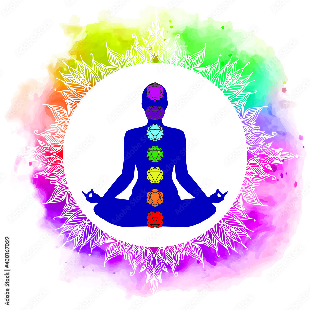 Vetor de Seven chakras on meditating yogi man silhouette, vector ...