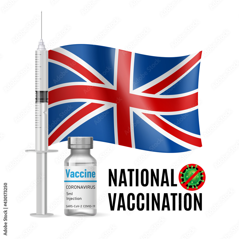 Flag of Great Britain with Vaccine Immunization Syringe and the Vial of ...