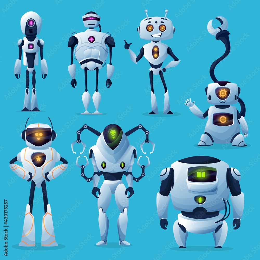 Cute robots and bots, vector artificial intelligence and ai cartoon characters. White modern ...