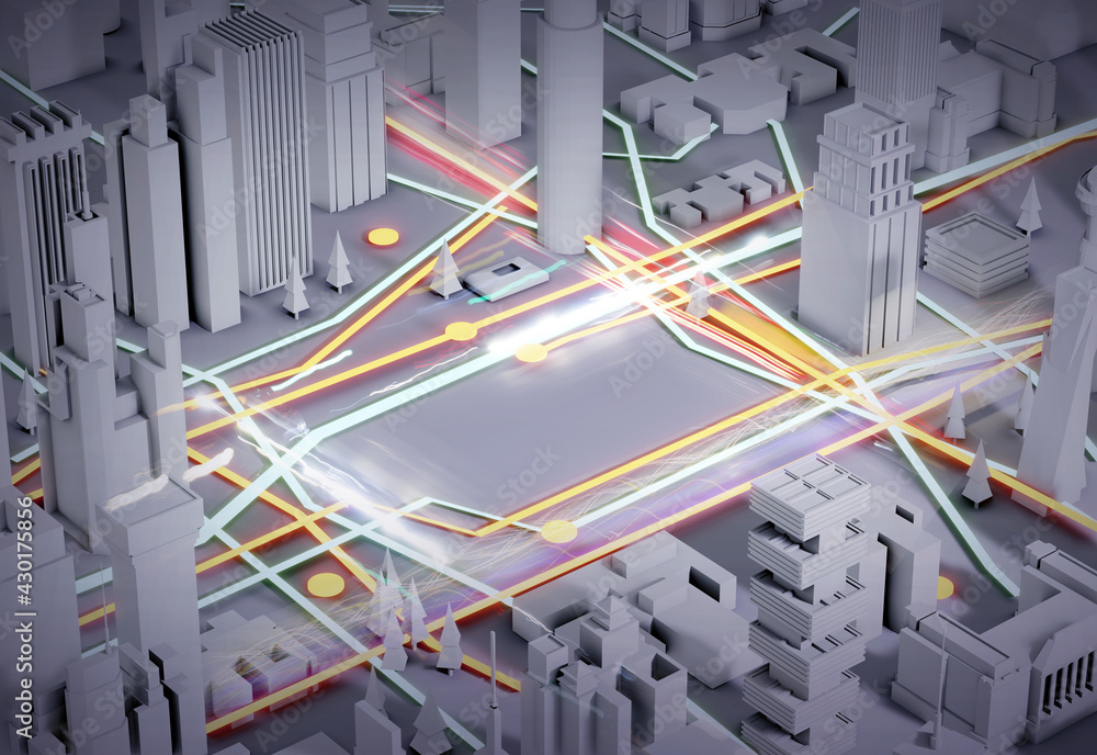 3D Render Abstract city. Modern City plan, streets and skyscrapers with ...