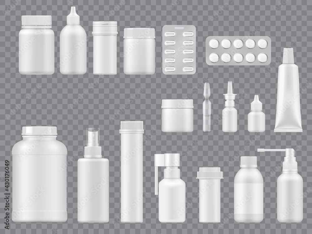 Medical packages and bottles on transparent background, vector mockups ...