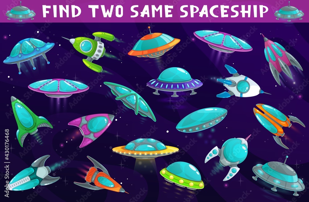 Kids game, find two same spaceships or UFO in space, board game, vector puzzle. Match and find ...