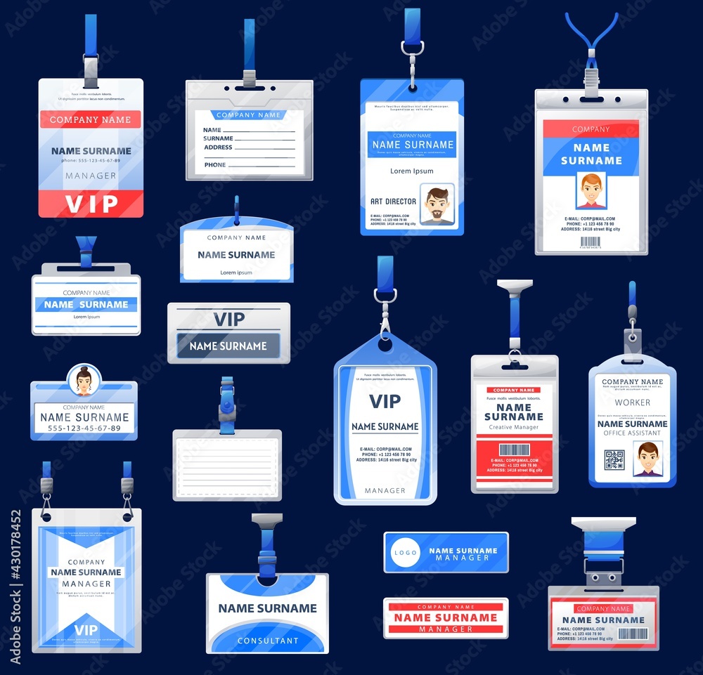 Identification ID badges and cards vector design of holders with neck ...