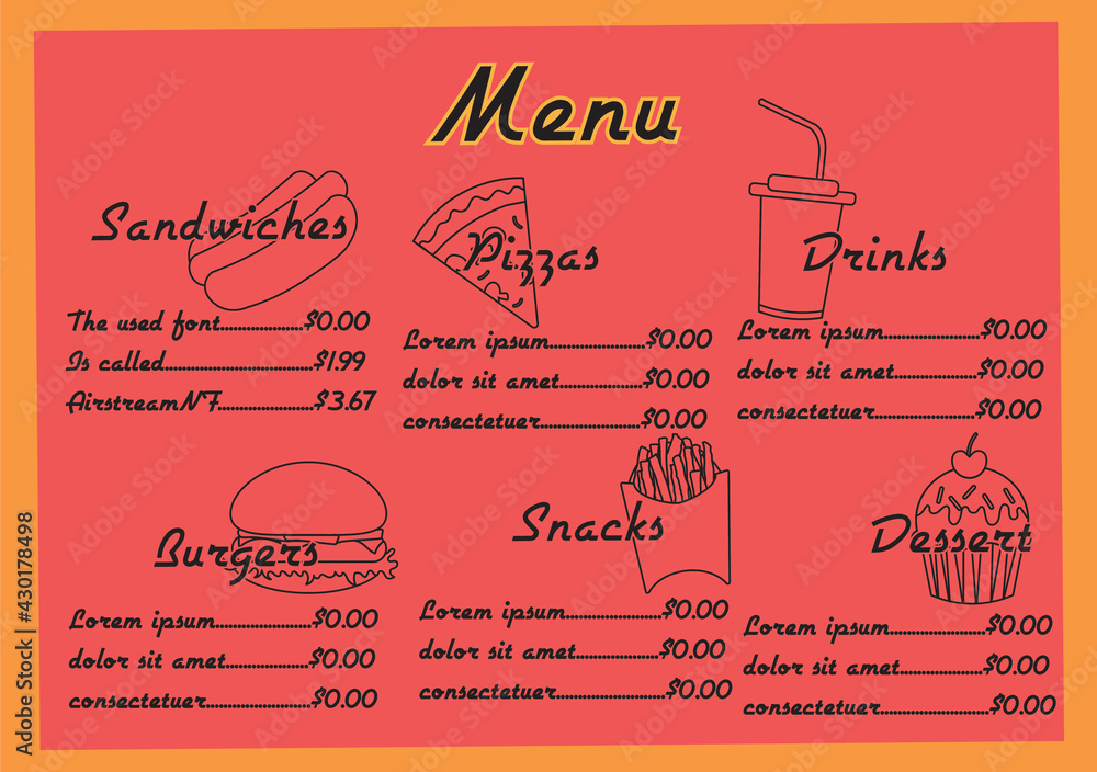 Fast food menu sample with prepicked font, line art objects. Room for ...