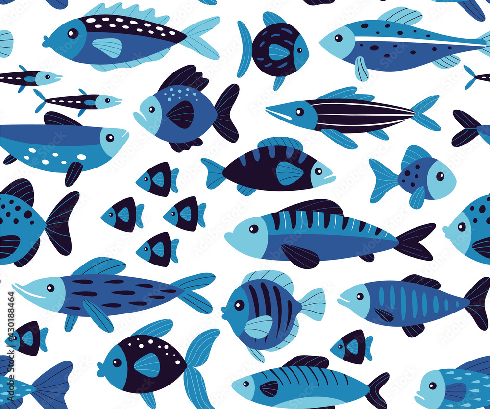 Cute fish seamless pattern. Organic flat style. Black and blue color ...