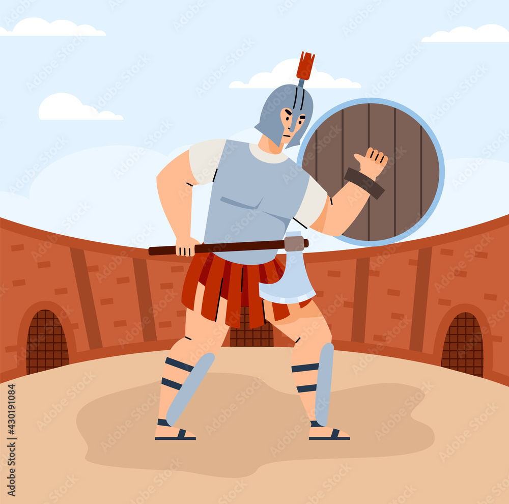 Armed gladiator legionary of era roman empire on arena colosseum in ...