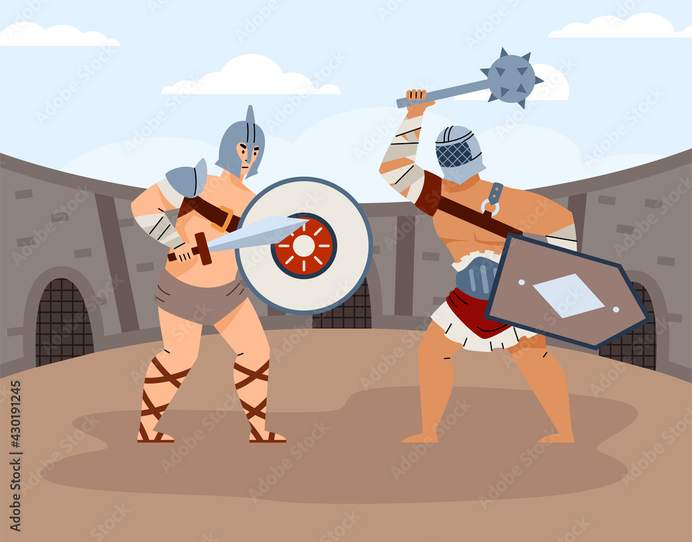 Cartoon Roman Gladiators Fighting