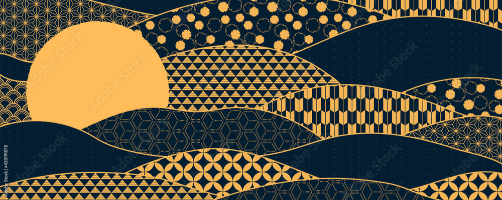 Traditional Asian patterns abstract background, gold on blue. Oriental ...