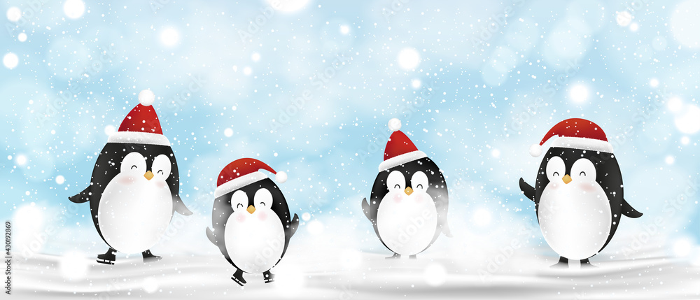 Christmas and New Year 2022 greeting card with Cute penguin set of four ...