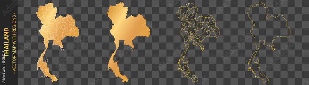 set of 4 gold political maps of Thailand with regions isolated on ...