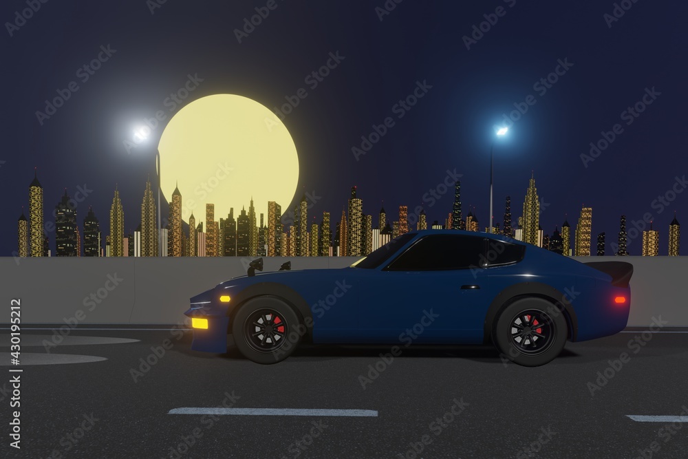 Retro-futuristic 80s style drive with night city background. Moving car ...