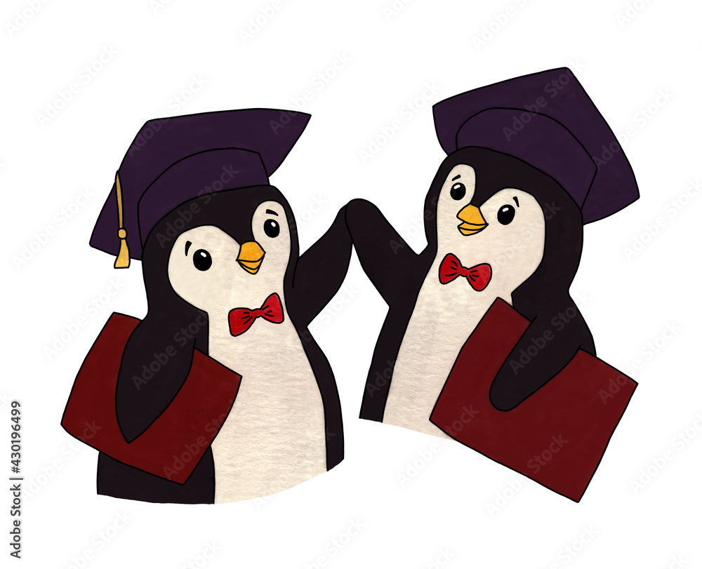 Watercolor illustration of two joyful graduate penguin with graduation ...