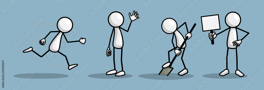 Set of stick figures in different poses on colored background. Vector ...