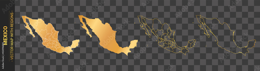 set of 4 gold political maps of Mexico with regions isolated on ...