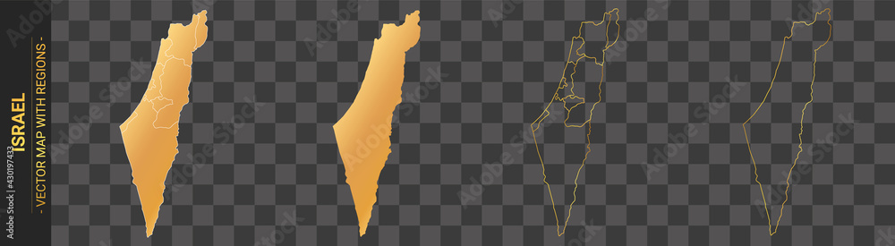 set of 4 gold political maps of Israel with regions isolated on ...