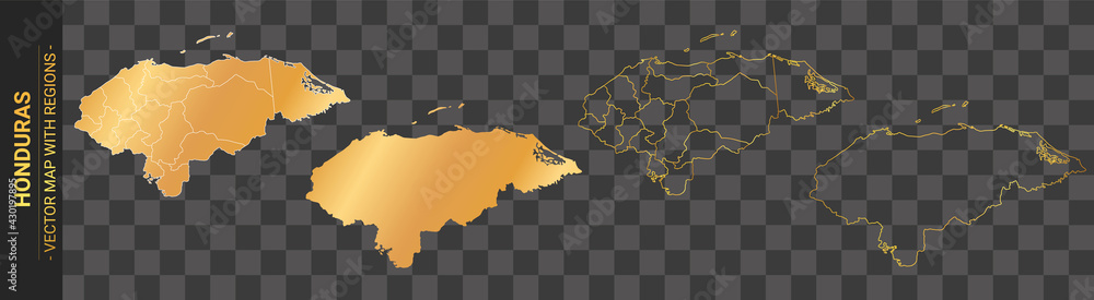 set of 4 gold political maps of Honduras with regions isolated on ...