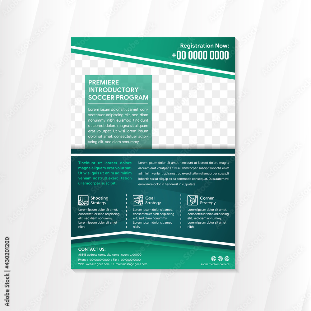 Soccer program flyer design template use vertical layout. multicolored ...