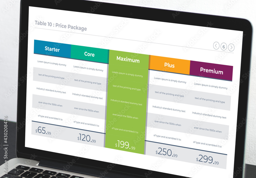 Modelo de Table Layout with Five Pricing Plan Options do Stock | Adobe ...