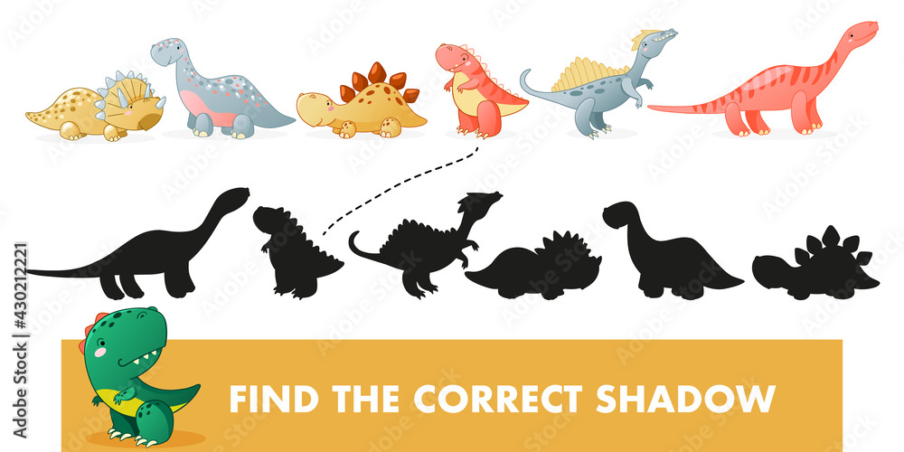Find the correct shadow. Kids educational game with dino. Cute dinosaur ...