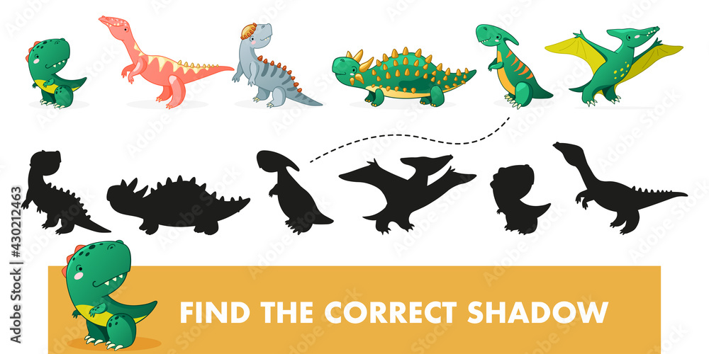 Find the correct shadow. Kids educational game with dino. Cute dinosaur ...