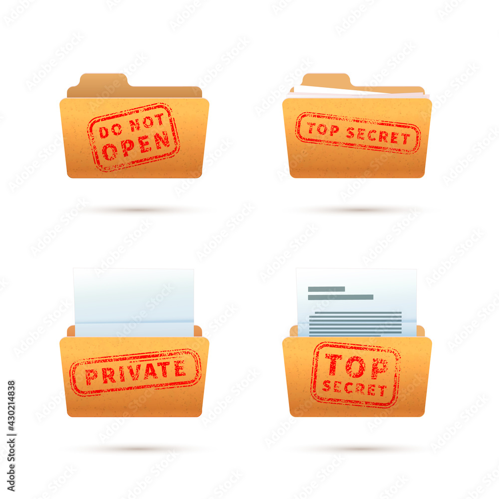 Bright yellow folder icons with documents, archive folders with red top ...