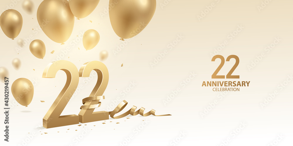 22nd Anniversary celebration background. 3D Golden numbers with bent ...