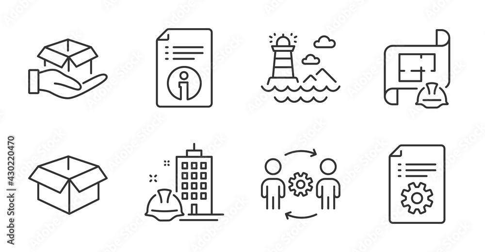 Hold box, Engineering team and Lighthouse line icons set. Opened box, Technical documentation ...
