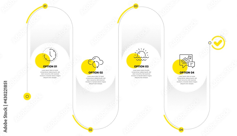 Cloud sync, Sunset and Time line icons set. Timeline process infograph ...