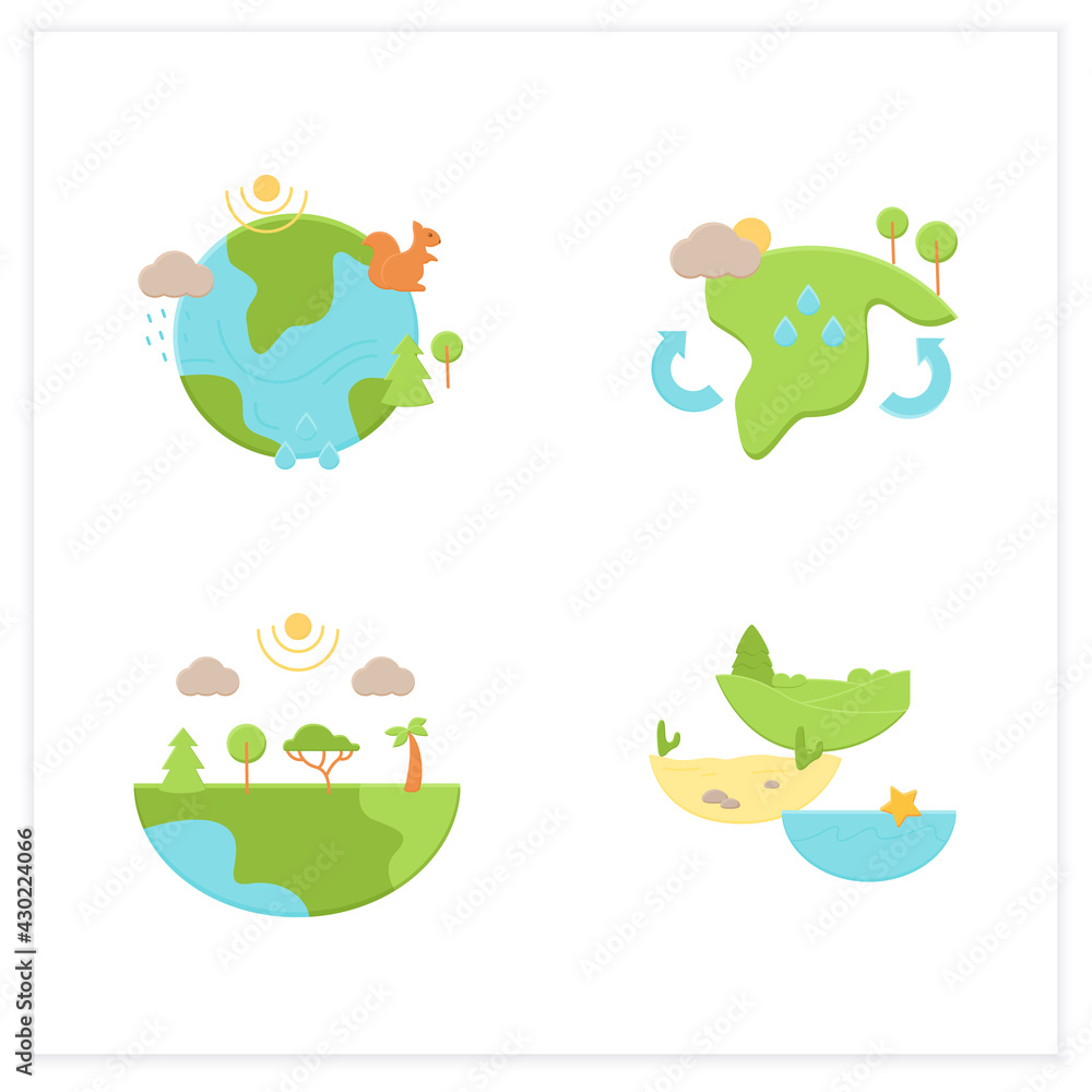 Biodiversity flat icons set.Reduce air pollution. Fighting global ...