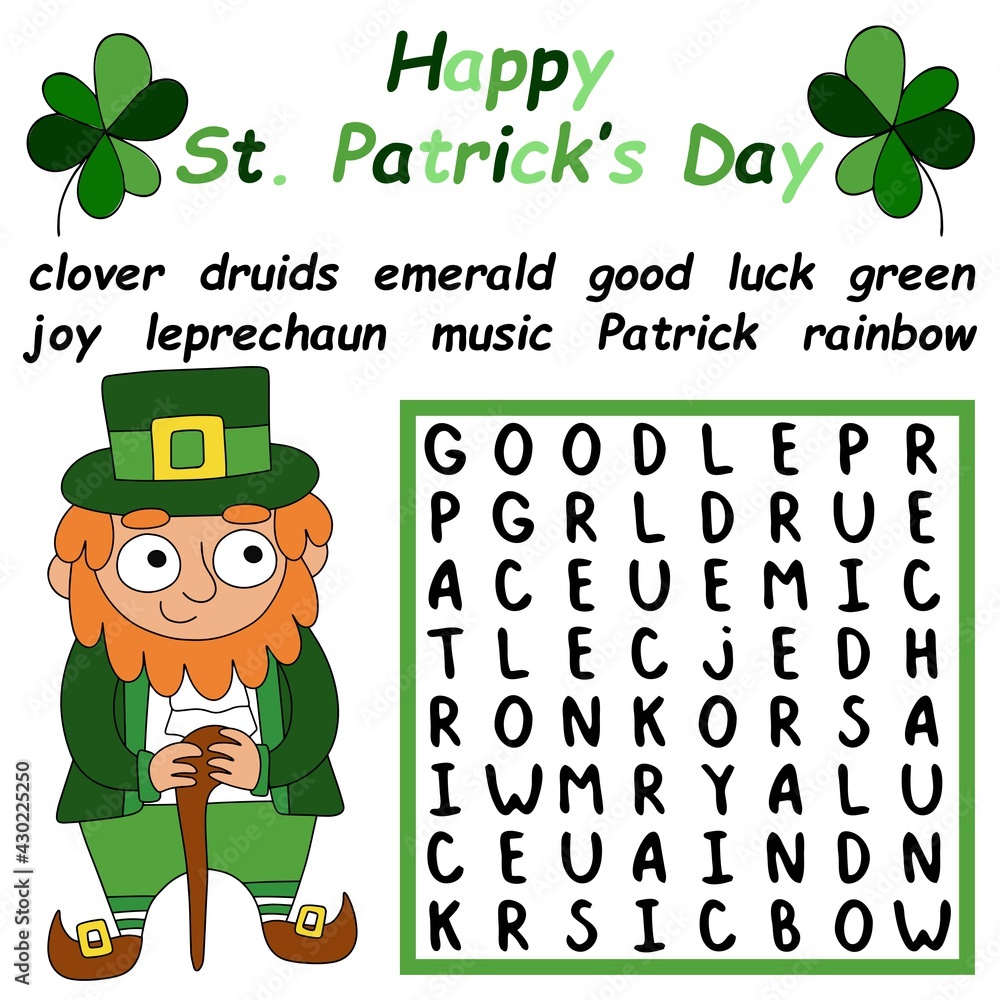 Educational Irish-themed colorful word search puzzle for kids stock ...