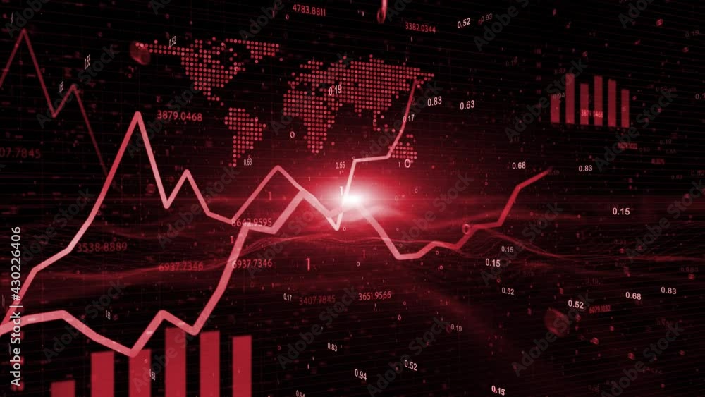 Red shiny business graphs with world map motion. Conceptual negative ...
