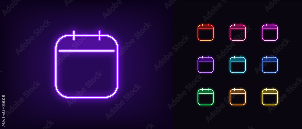 Neon calendar icon. Glowing neon schedule sign, outline calendar ...