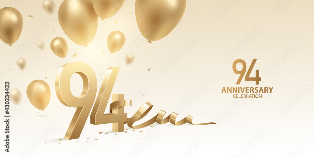 94th Anniversary celebration background. 3D Golden numbers with bent ...