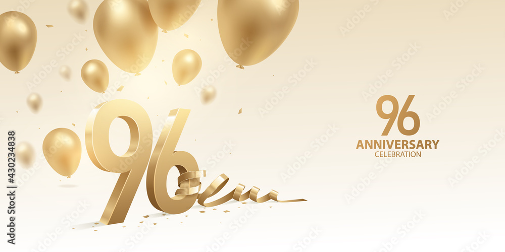 96th Anniversary celebration background. 3D Golden numbers with bent ...