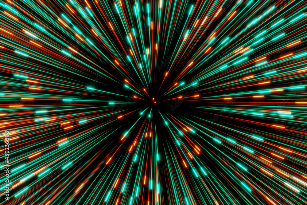 Space travel concept at the speed of light. Abstract neon fiber optic ...