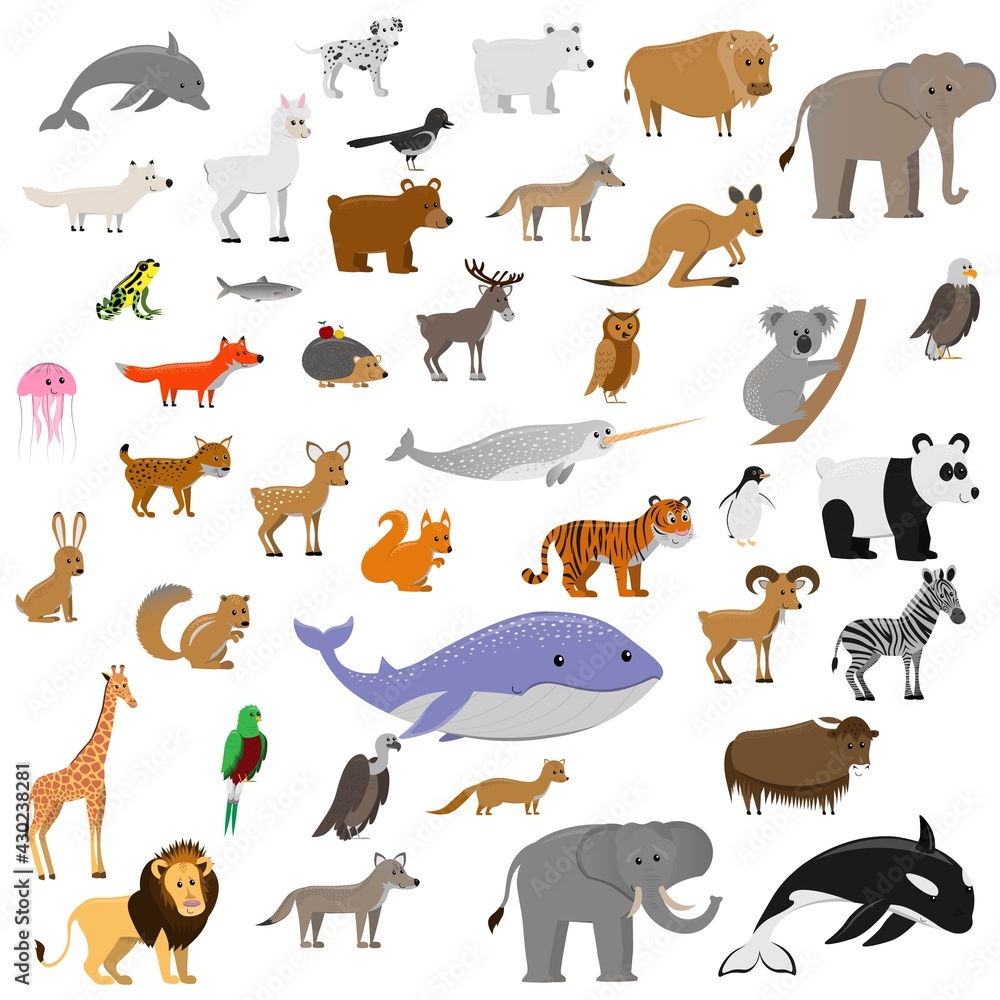 big set of cute cartoon animals isolated on white background, vector ...