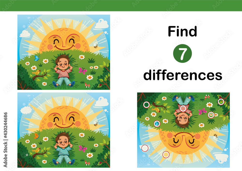 Find 7 differences education game for kids. Little boy enjoying the Sun ...