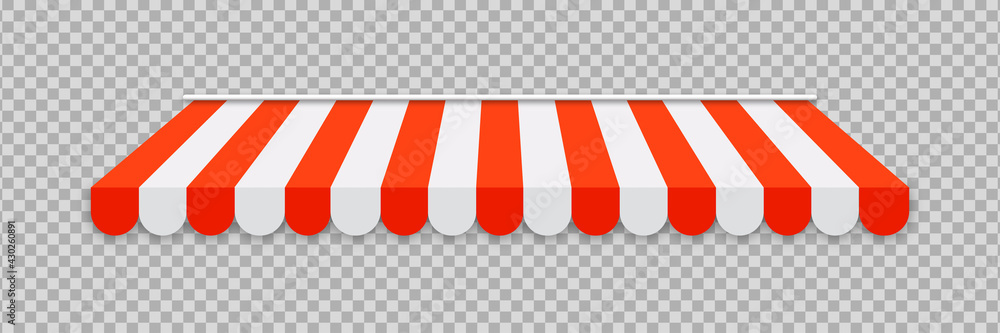 Red and white sunshade on transparent background. Awning canopy for shops, cafes and street ...