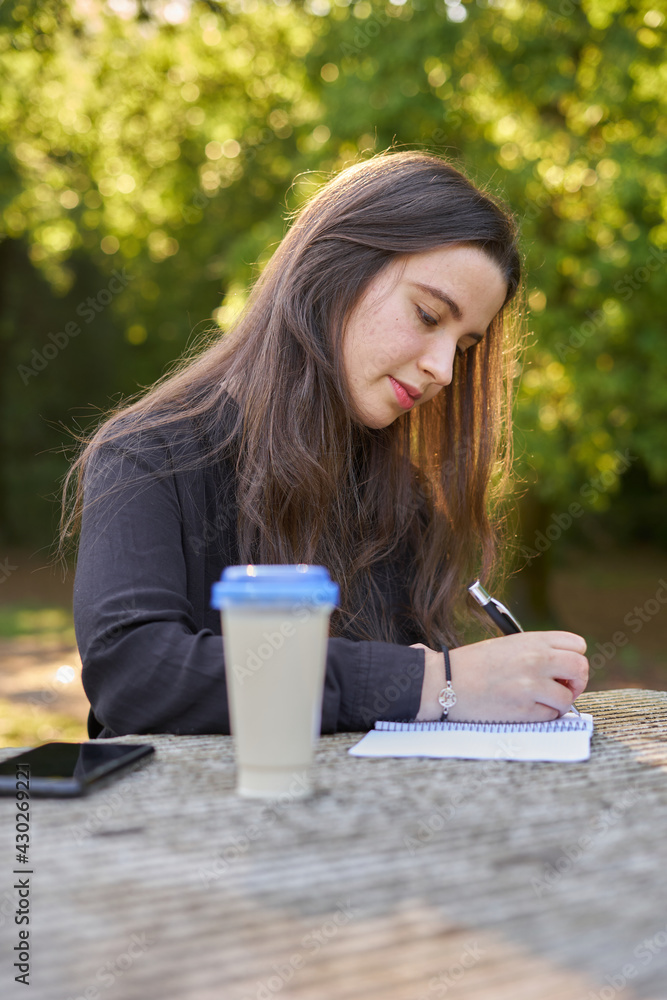 long-haired, fair-skinned pretty girl writing in a notebook in nature ...