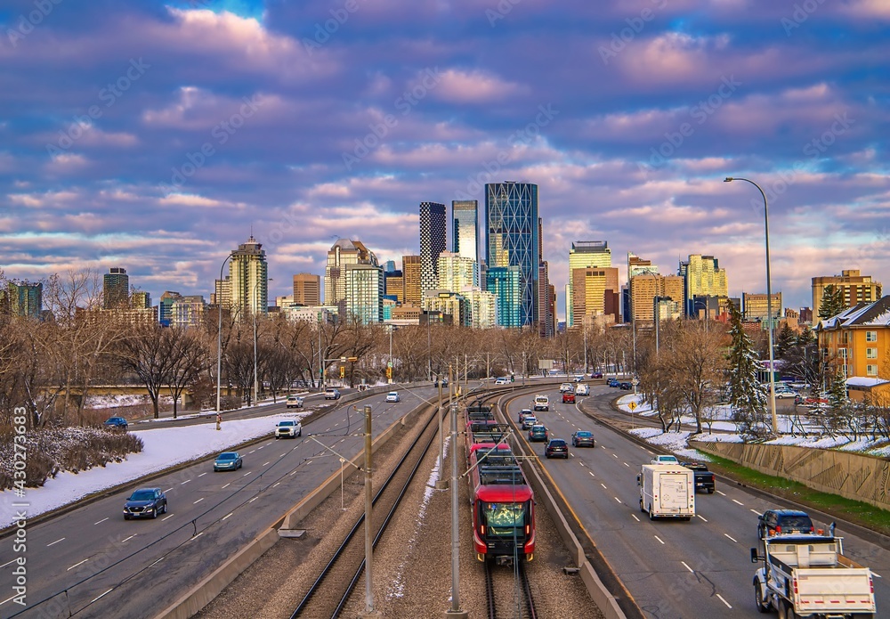 Vivid Cloudscape Over Roads Leading To Downtown Calgary Stock Photo ...