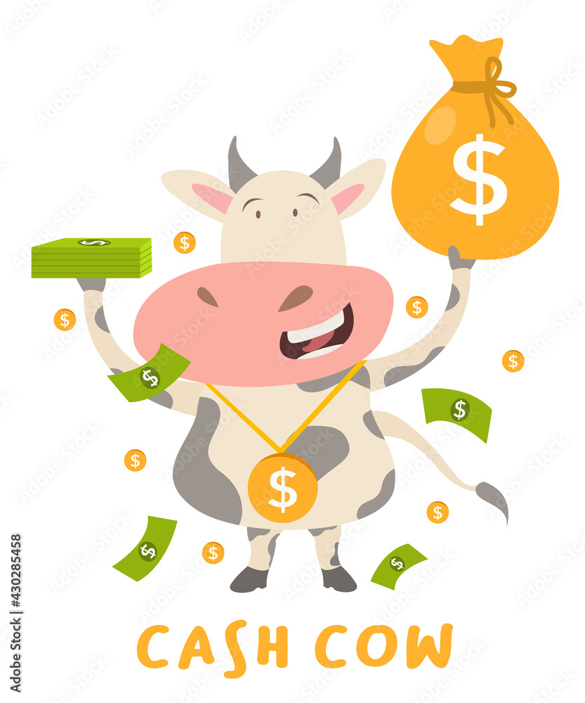 Poster cash cow concept cow character standing happy hold money bag ...