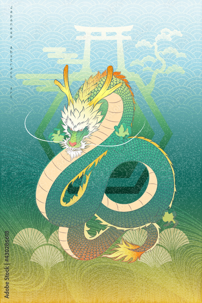 Abstract Japanese Art Calm Flying Dragon Floating with Hexagon Shape ...