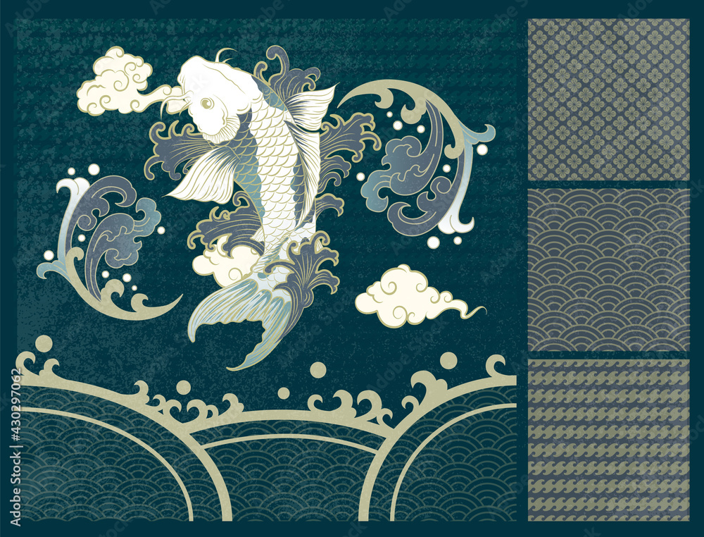 Abstract Art Japanese Carp Fish with Green and Deep Blue Scale Flying ...