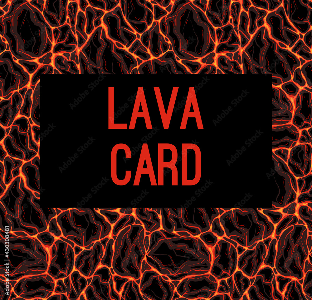 Square card of lava with stones and black copy space. Magma from molten ...