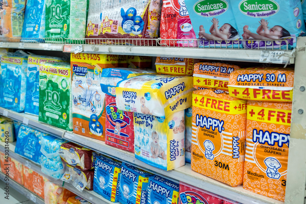 Manila, Philippines - Aug 2020: A variety of diapers on display at an ...