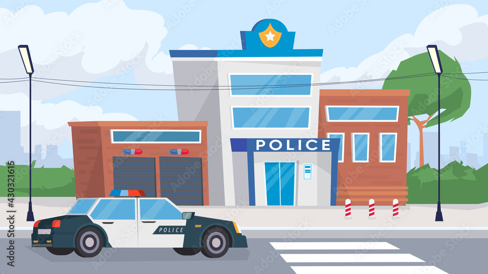 Police department building view, banner in flat cartoon design ...