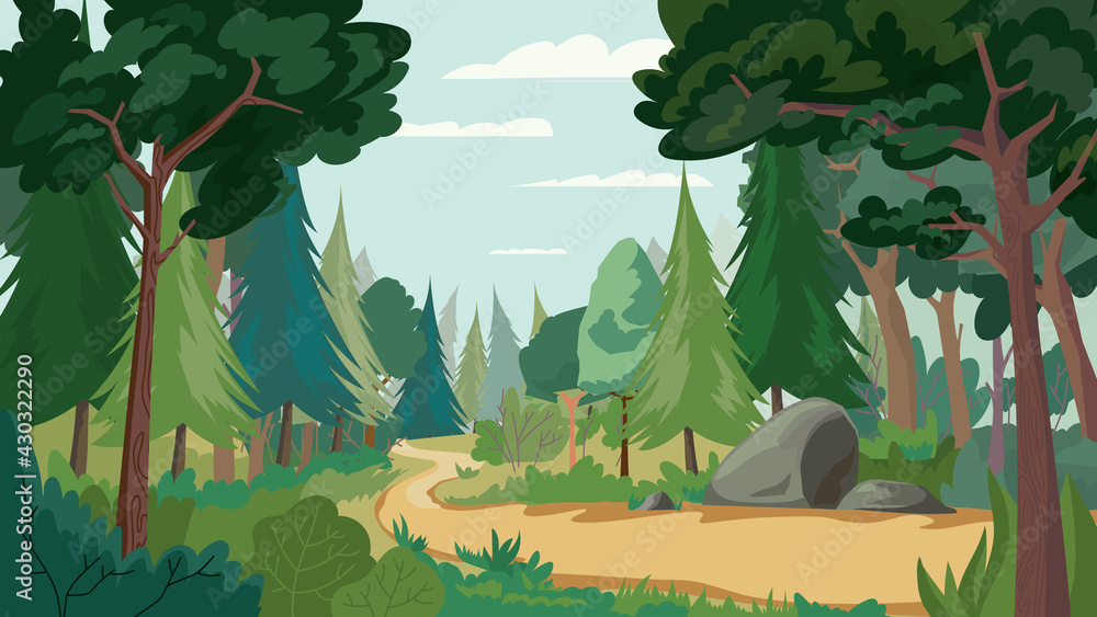 Dense green forest view, banner in flat cartoon design. Scenery with ...