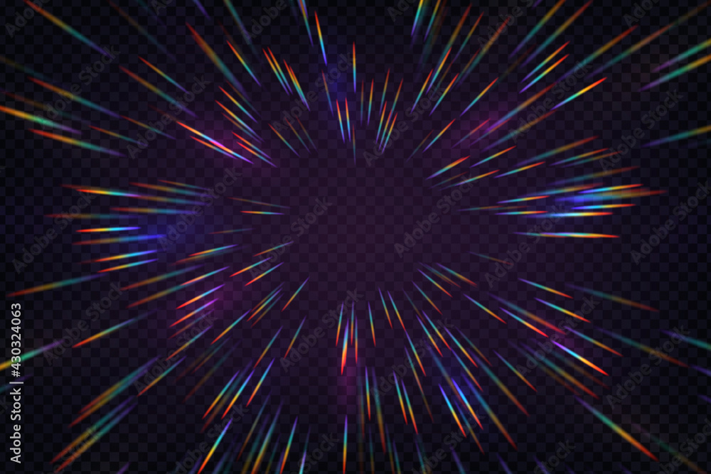 Rainbow halo rays isolated on dark transparent background. Holographic ...